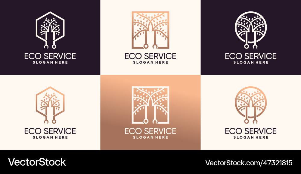 Set bundle of tree logo and wrench with creative Vector Image