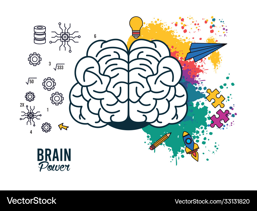 Brain power poster with colors splash and set Vector Image