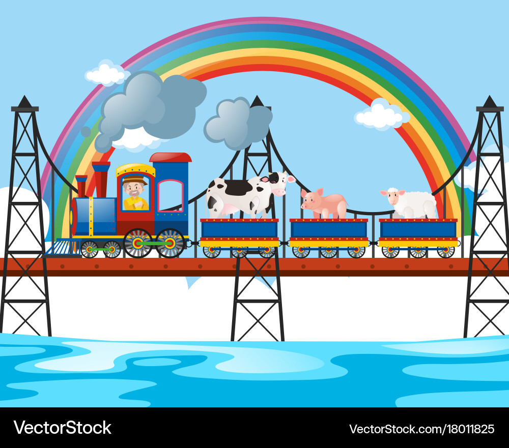 Animals riding on the train over bridge Royalty Free Vector