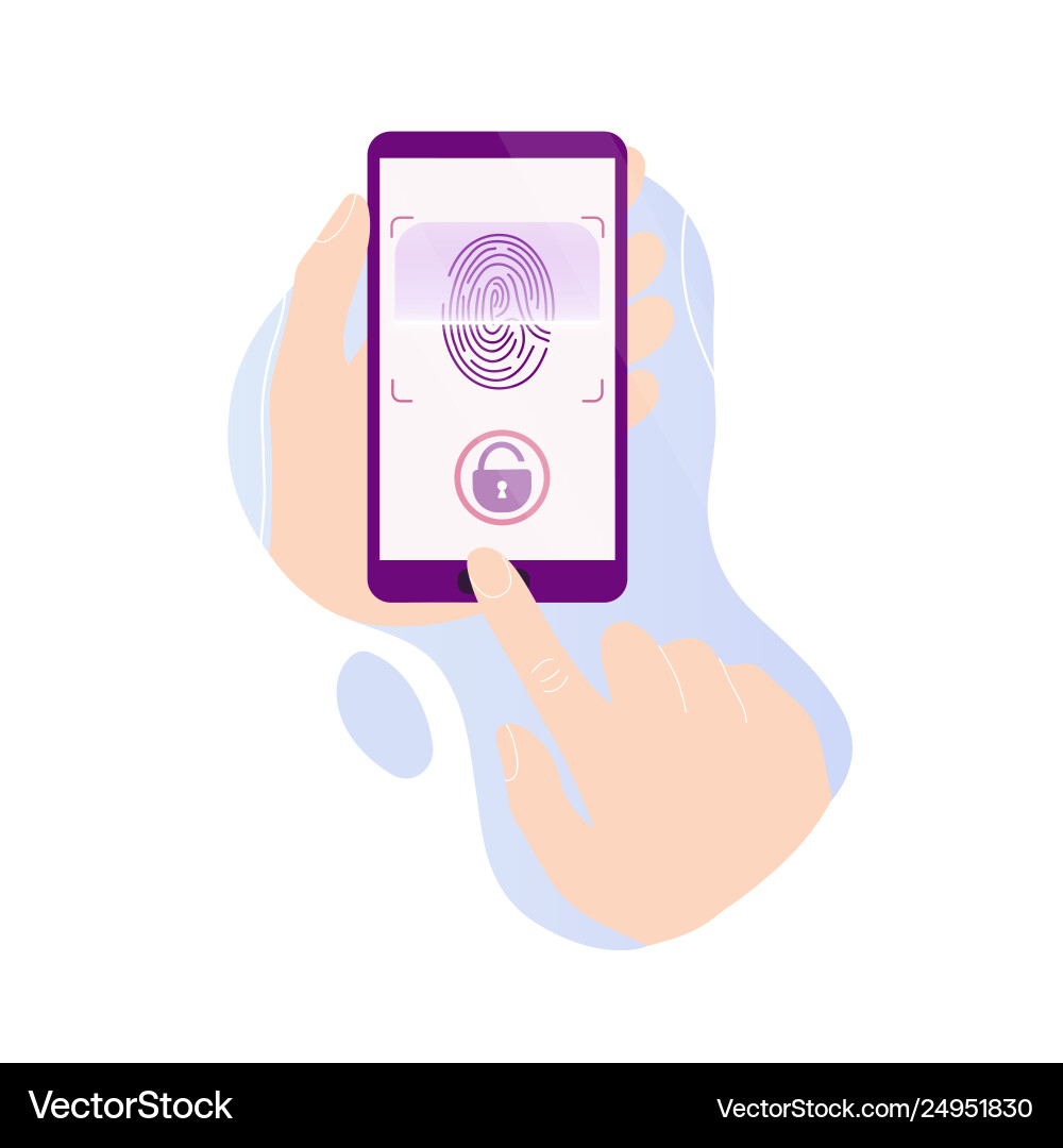 Hands holding phone with fingerprint scan Vector Image