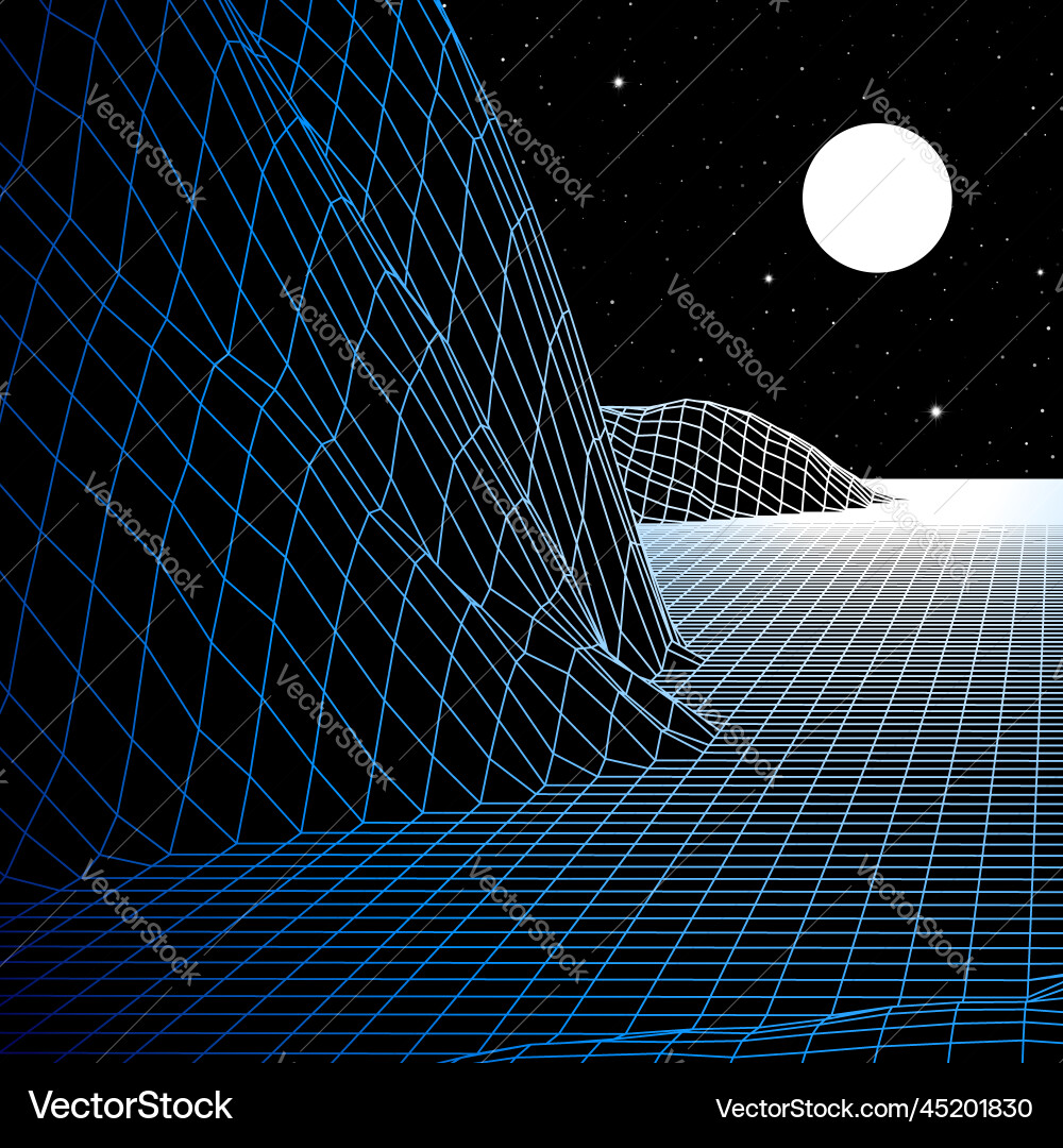 Landscape with wireframe grid of 80s styled retro Vector Image