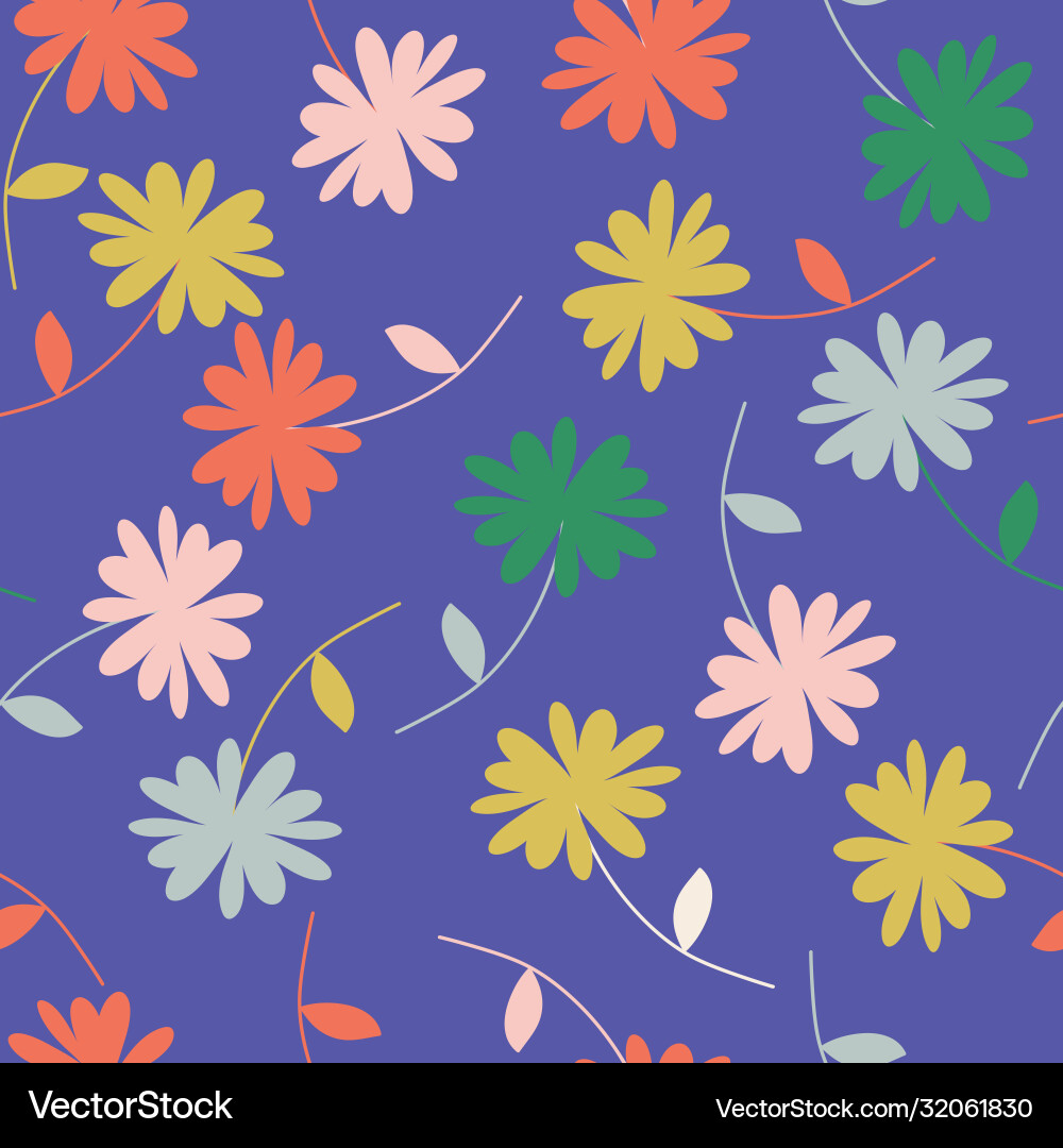 Light navy blue with whimsical flowers seamless Vector Image