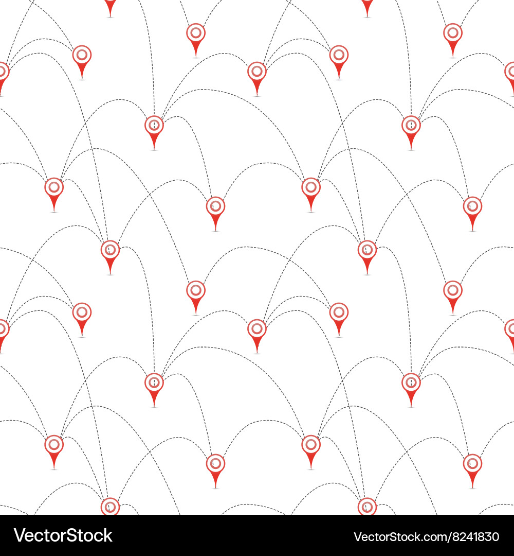 Red map pins with routes on white seamless Vector Image
