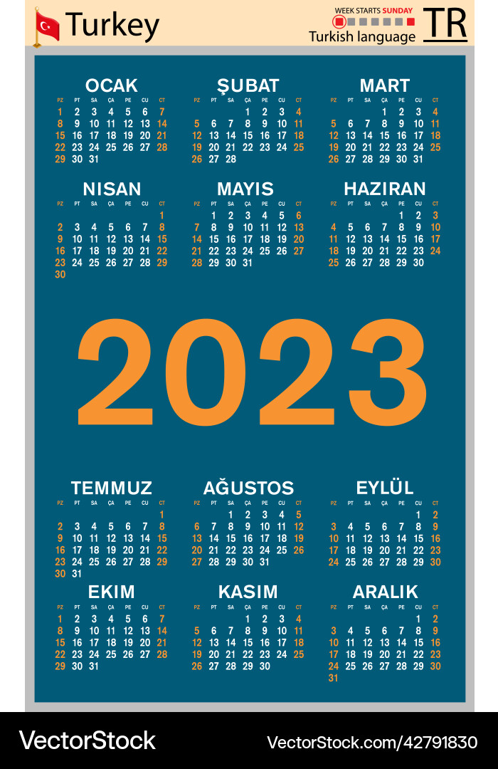 Turkish vertical pocket calendar for 2023 week Vector Image