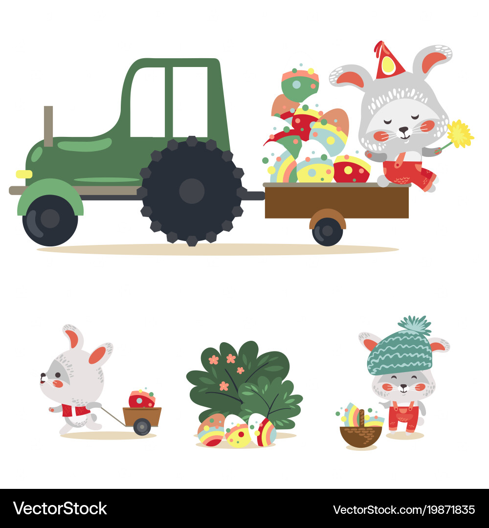 Set easter bunny drive car with truck Royalty Free Vector