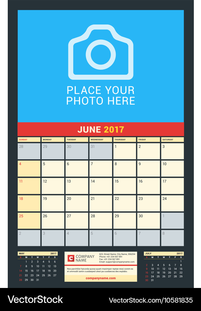 Wall calendar for 2017 year june design print Vector Image