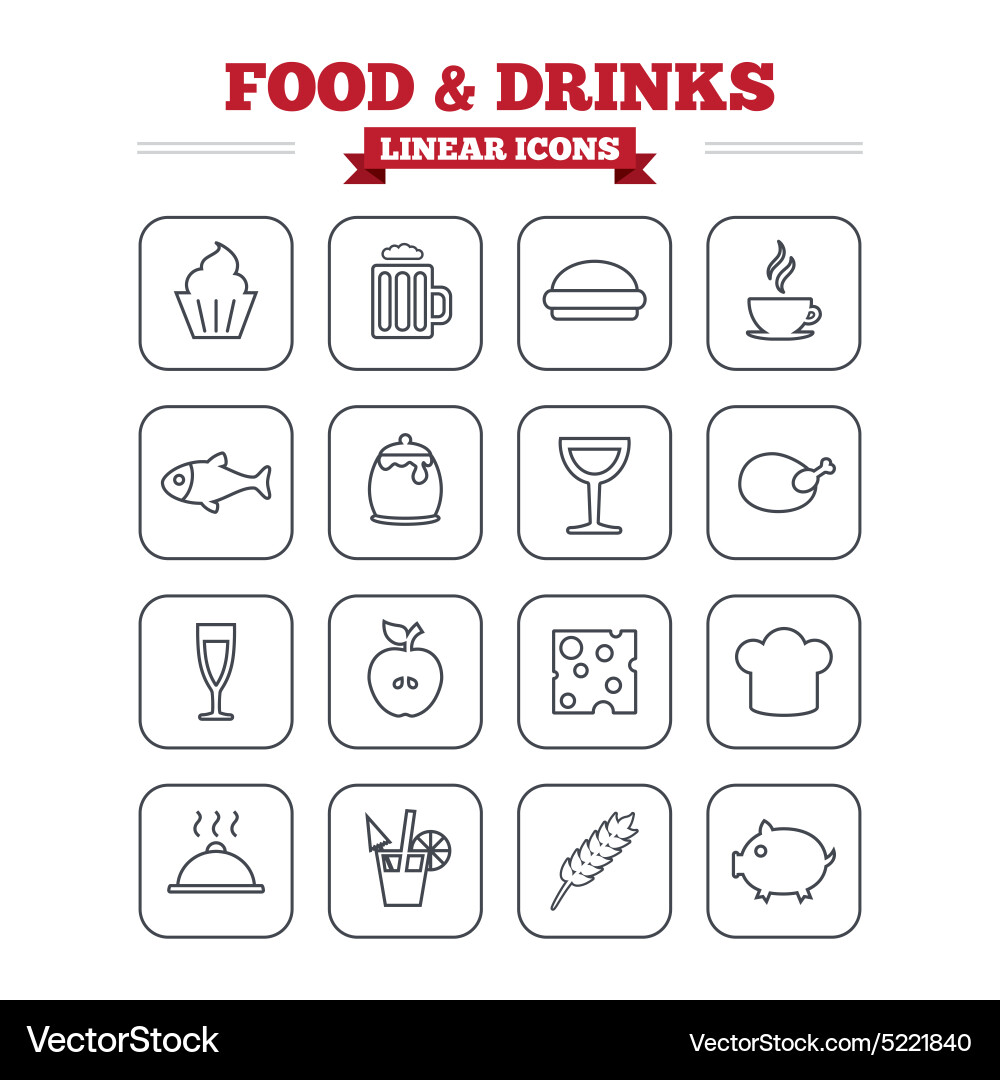 Food and drinks linear icons set thin outline Vector Image