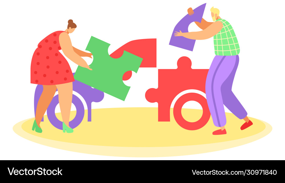 Man and woman solving jigsaw puzzle in shape Vector Image