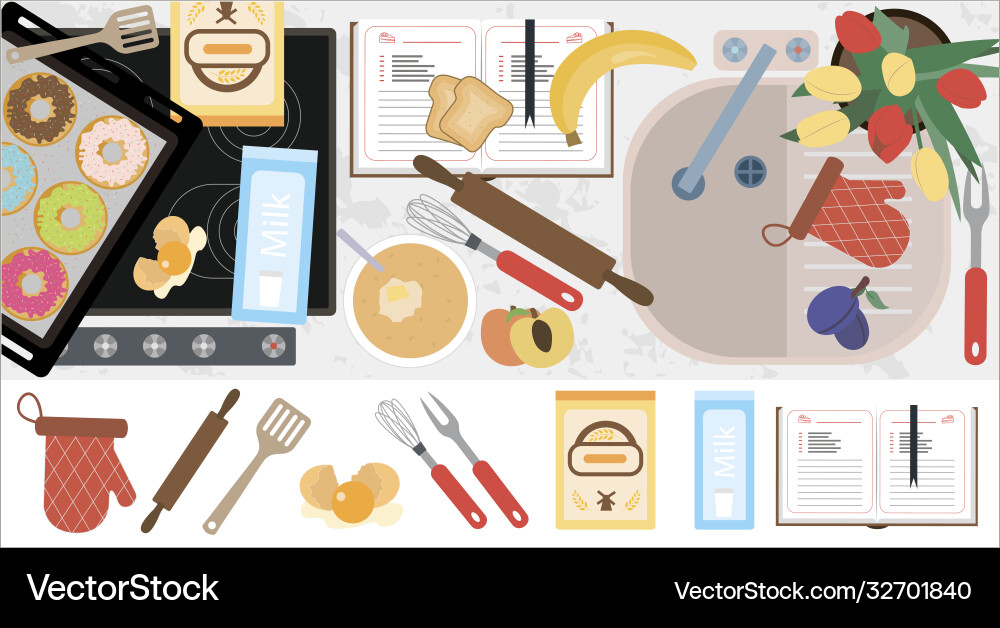 Top view kitchen countertop with a stove Vector Image