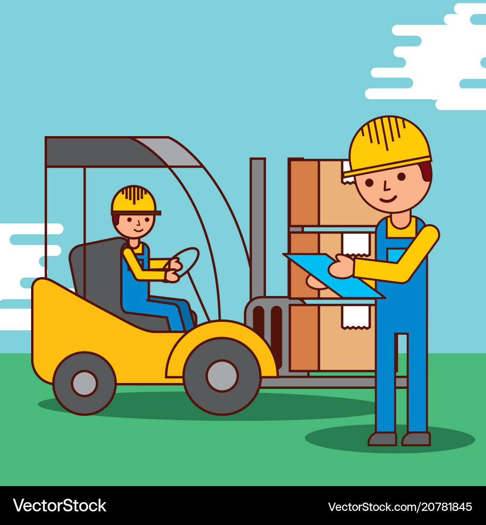 Cartoon men worker delivery logistic forklift and Vector Image