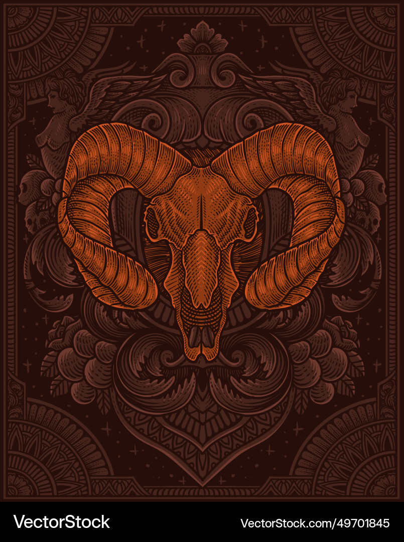 Rams skull head with antique engraving ornament Vector Image