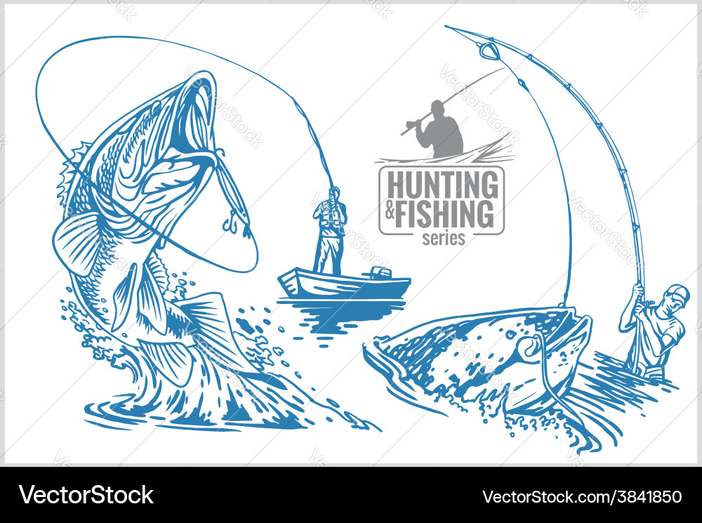 Fisherman and fish - vintage Royalty Free Vector Image