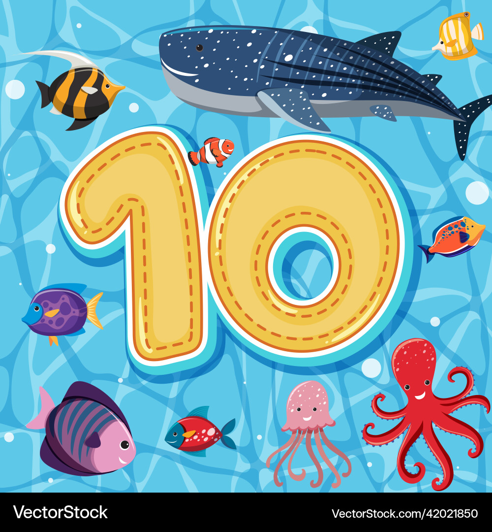 Number ten with sea animals Royalty Free Vector Image