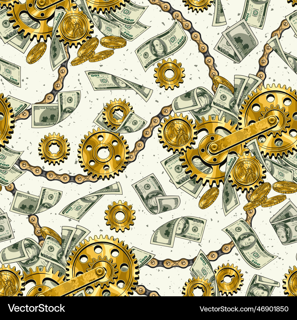 Pattern with 100 us dollar bills coins gears Vector Image