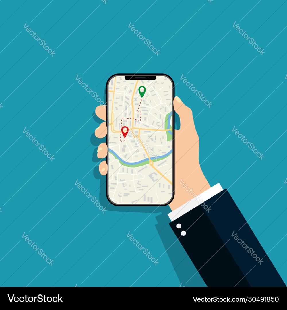 Phone in hand with app map smartphone gps Vector Image