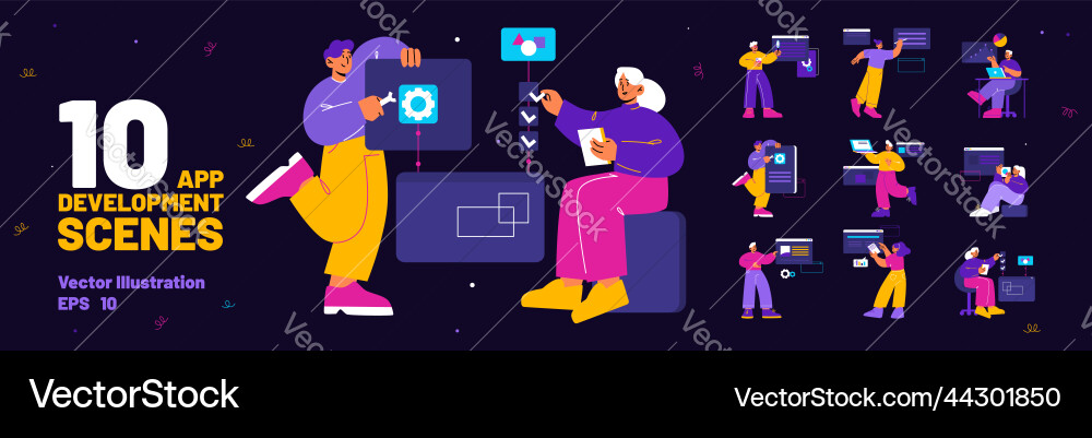 Scenes of mobile and web app development Vector Image