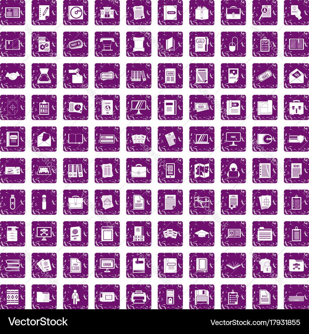 100 document icons set grunge purple Royalty Free Vector