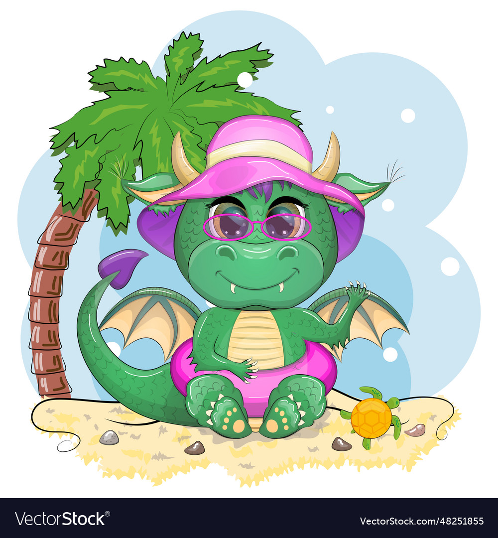 Cute cartoon green baby dragon in a hat on the Vector Image Cute cartoon green baby dragon in a hat on the Vector Image
