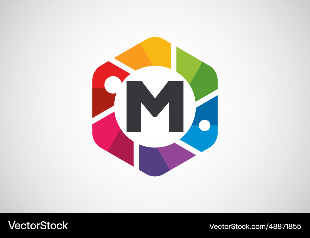 English alphabet m with camera shutter photo Vector Image