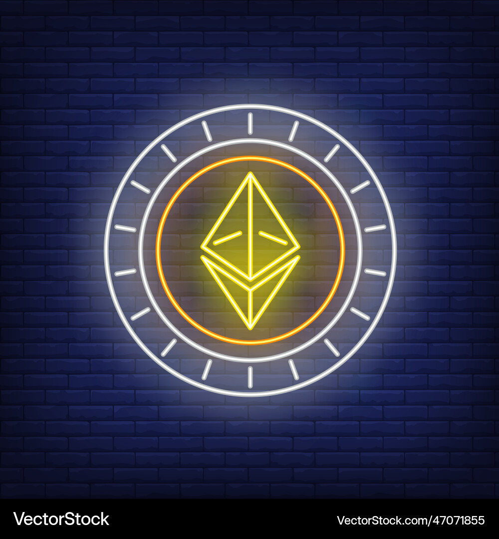 Ethereum cryptocurrency coin neon sign Royalty Free Vector