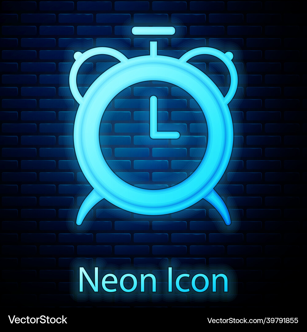 Glowing neon alarm clock icon isolated on brick Vector Image