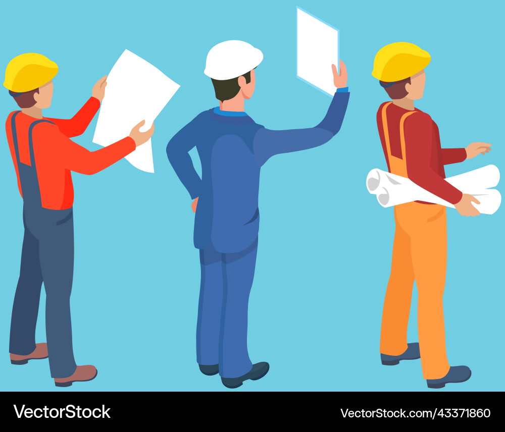 Builders on building site look at plan business Vector Image