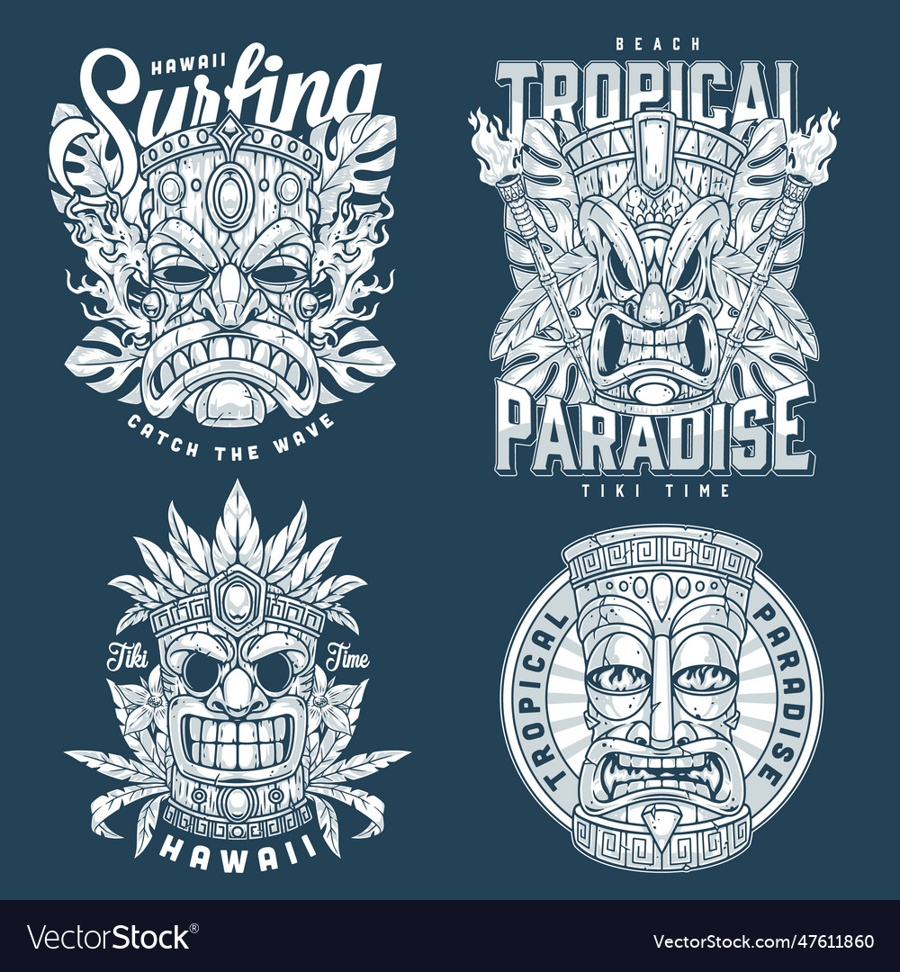 Hawaii tiki monochrome set stickers Royalty Free Vector