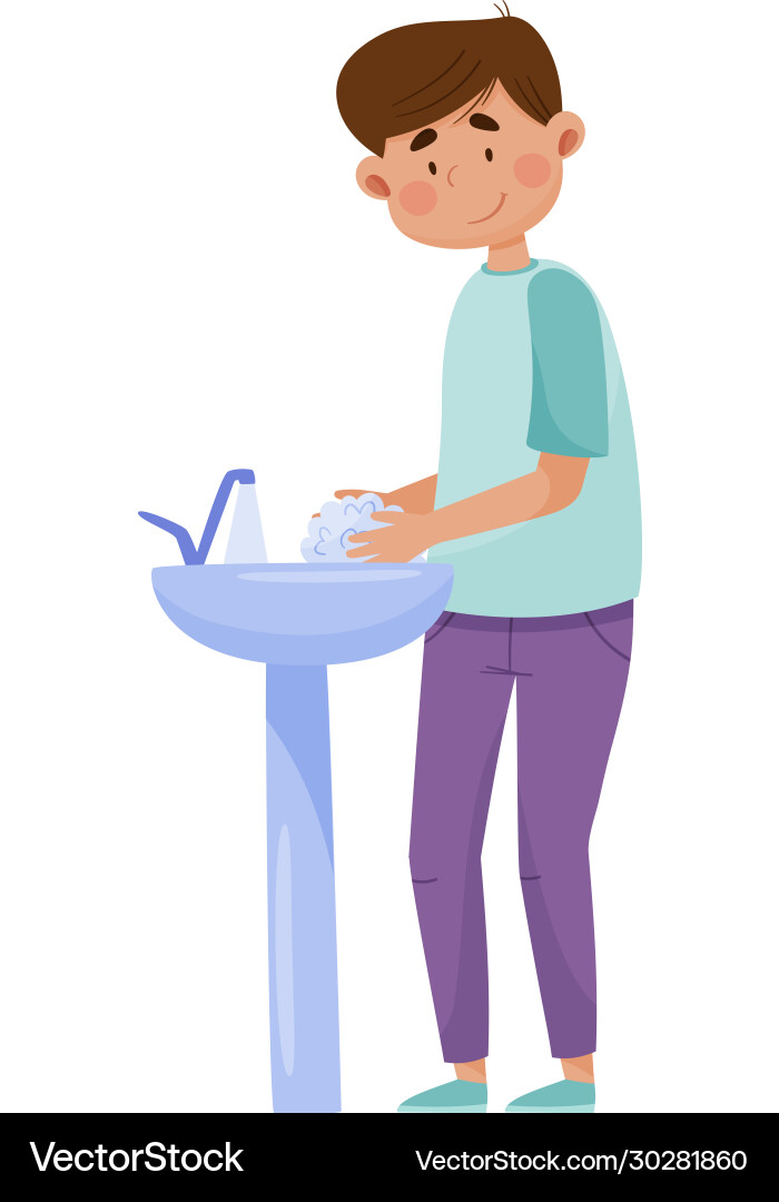 Man character washing hands with antibacterial Vector Image