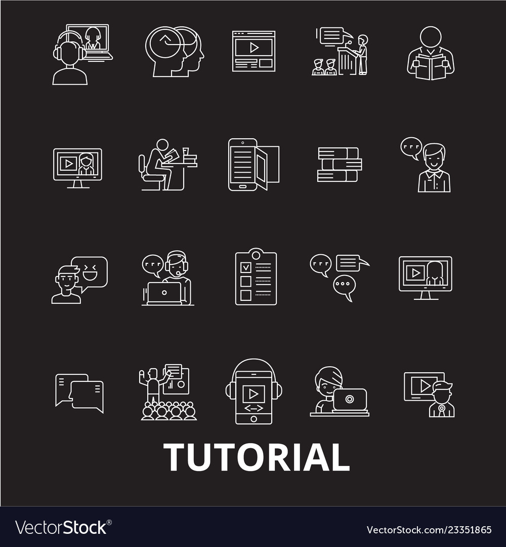 Tutorials editable line icons set on black Vector Image