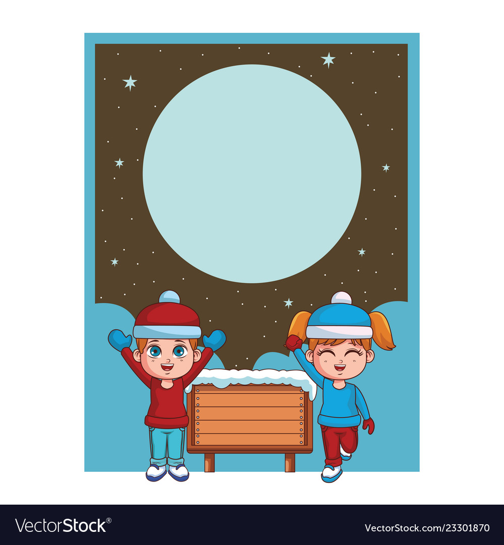 Boy and girl with winter clothes and wooden sign Vector Image
