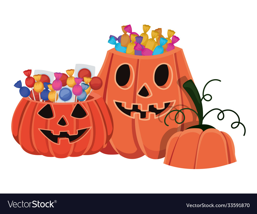 Halloween pumpkins cartoons with candies Vector Image