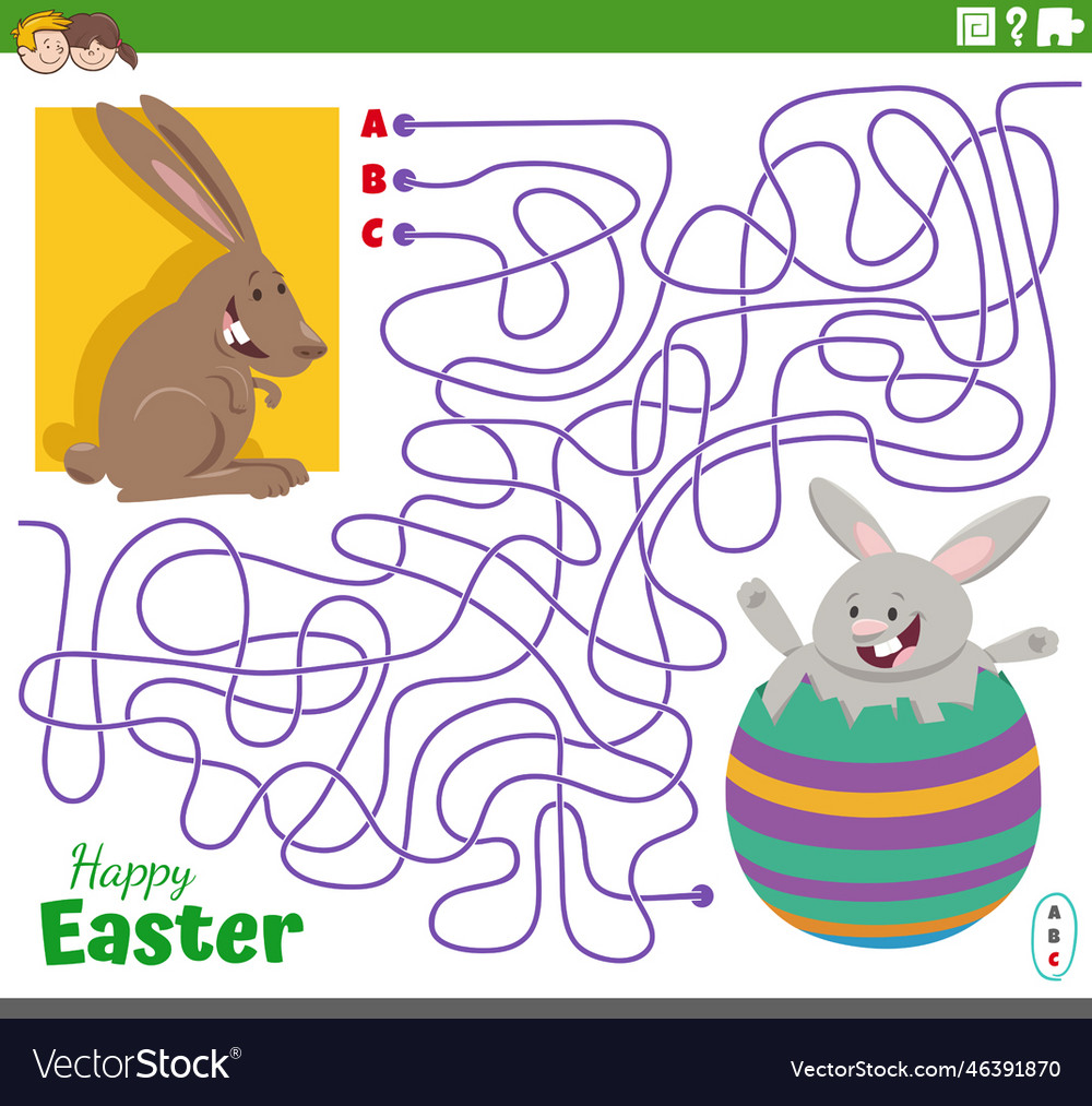 Maze game with cartoon easter bunnies characters Vector Image