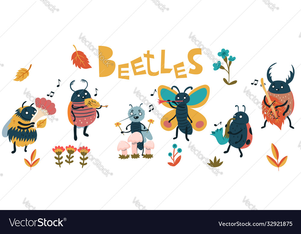Collection cute musicians beetles isolated Vector Image