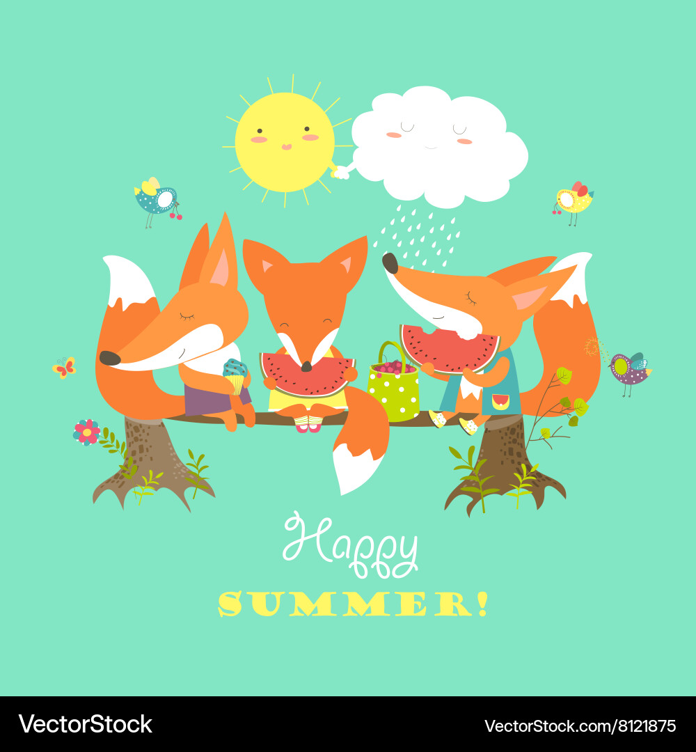 Cute foxes eating watermelon Royalty Free Vector Image