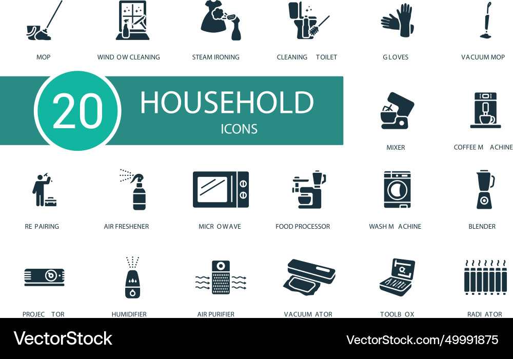 Household icons set creative mop window Royalty Free Vector