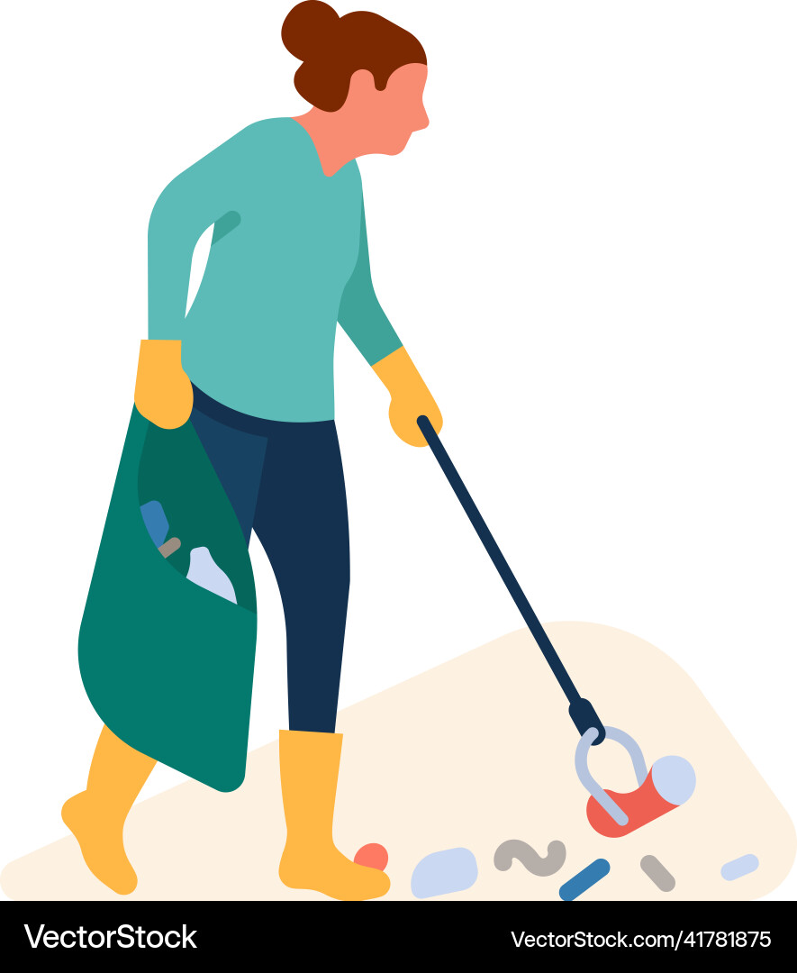 Woman picking garbage with stick activist Vector Image