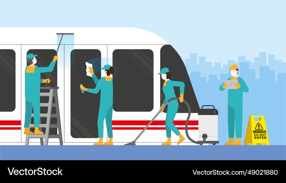 Cleaning crew team in train station clean Vector Image