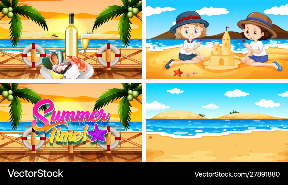 Four background scenes with summer on beach Vector Image