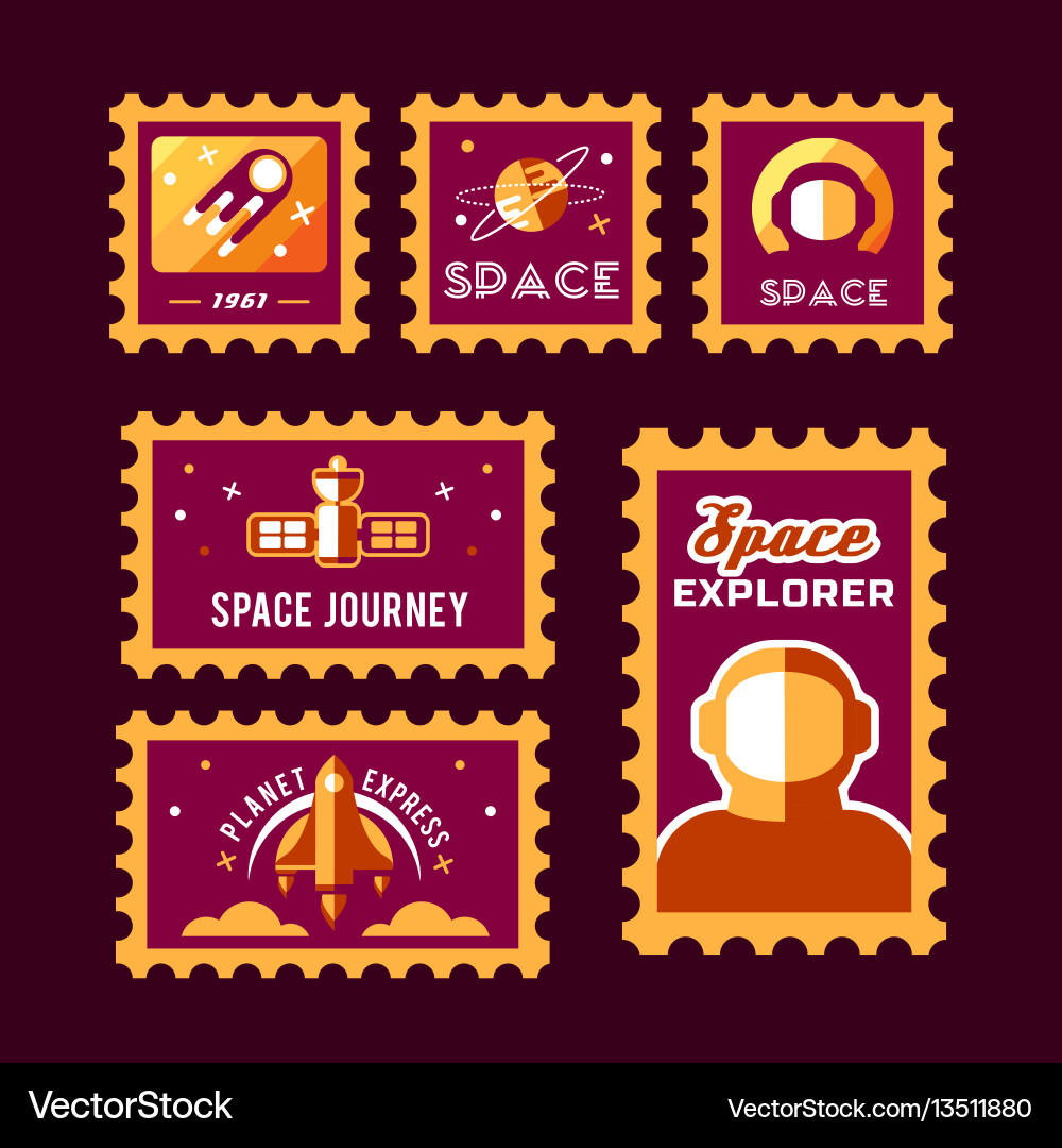 Post stamp with rocket in the space and flat stamp