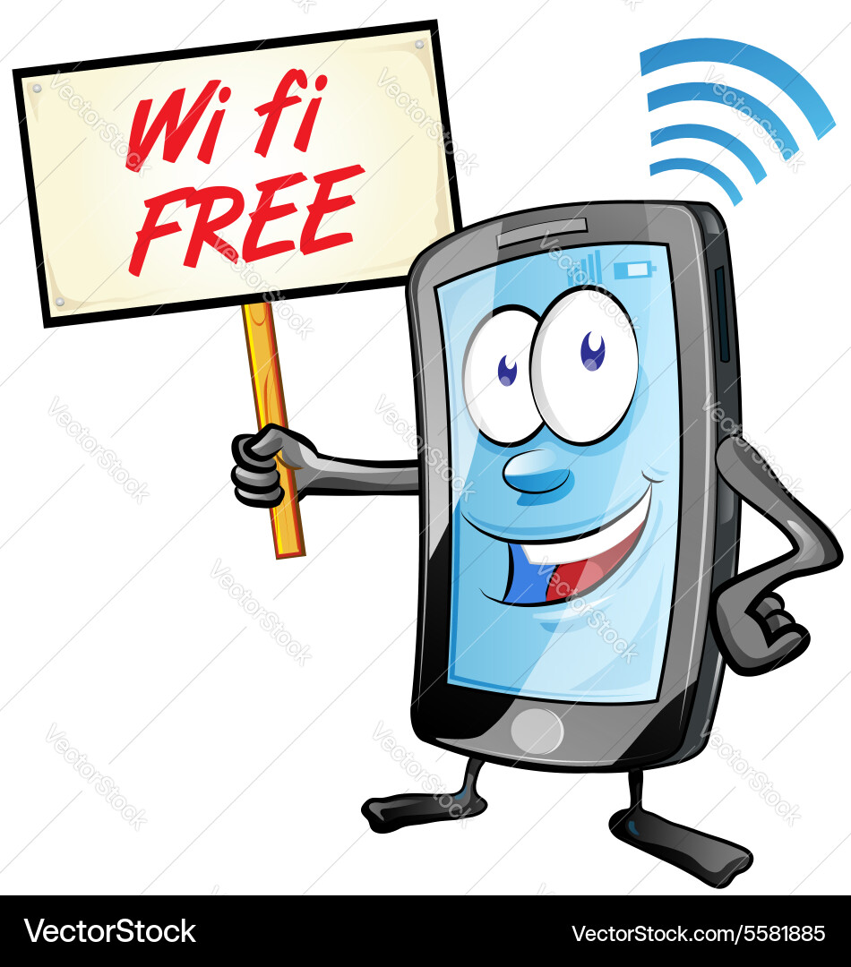 Fun mobile cartoon with wi fi signboard Royalty Free Vector