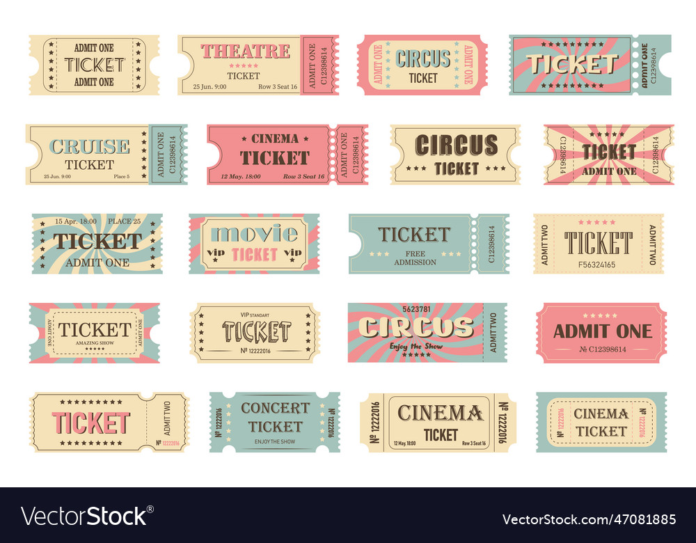 Retro tickets set vintage cinema circus concert Vector Image