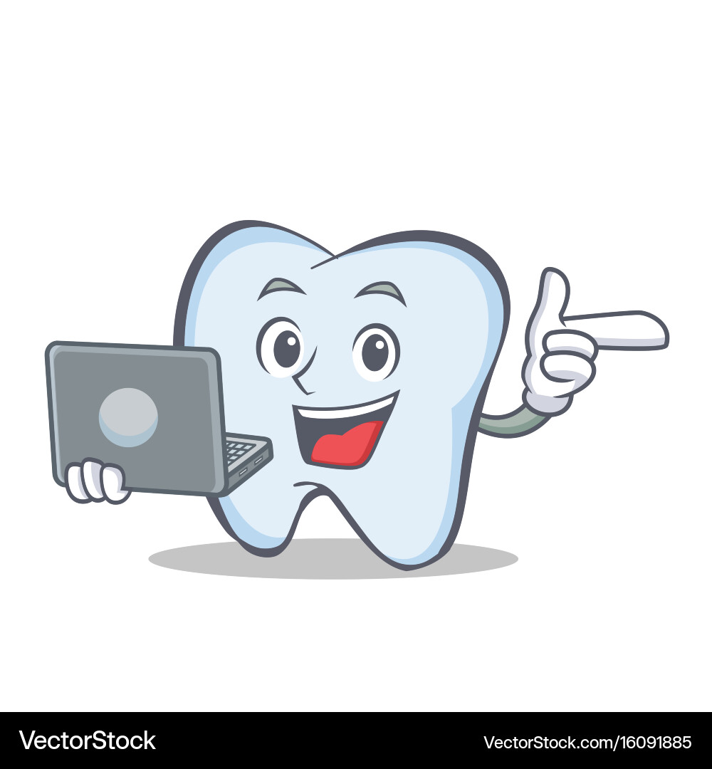 Tooth character cartoon style with laptop Vector Image