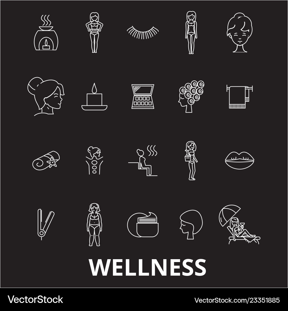 Wellness editable line icons set on black Vector Image