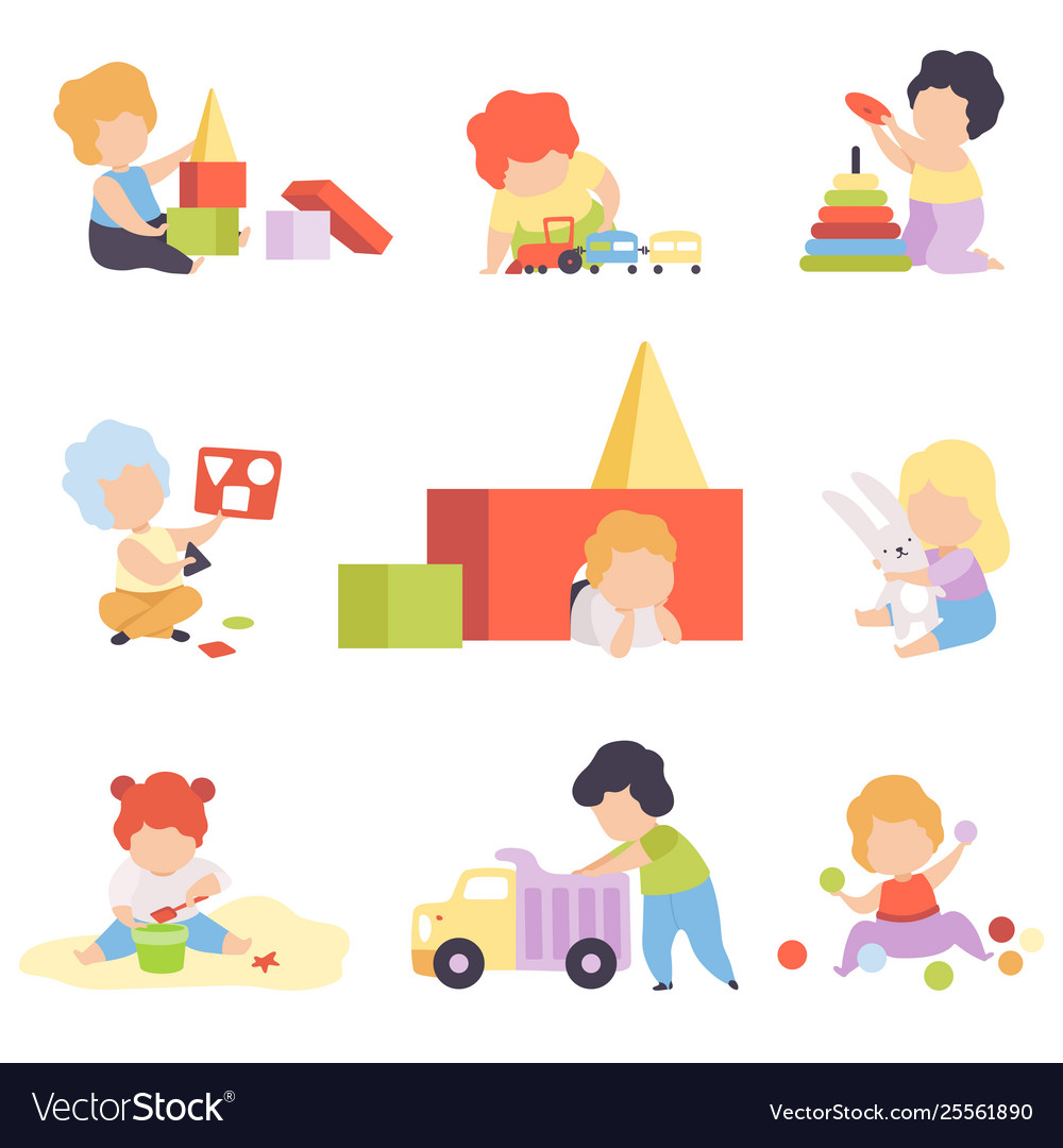 Cute little kids playing with toys set toddler Vector Image