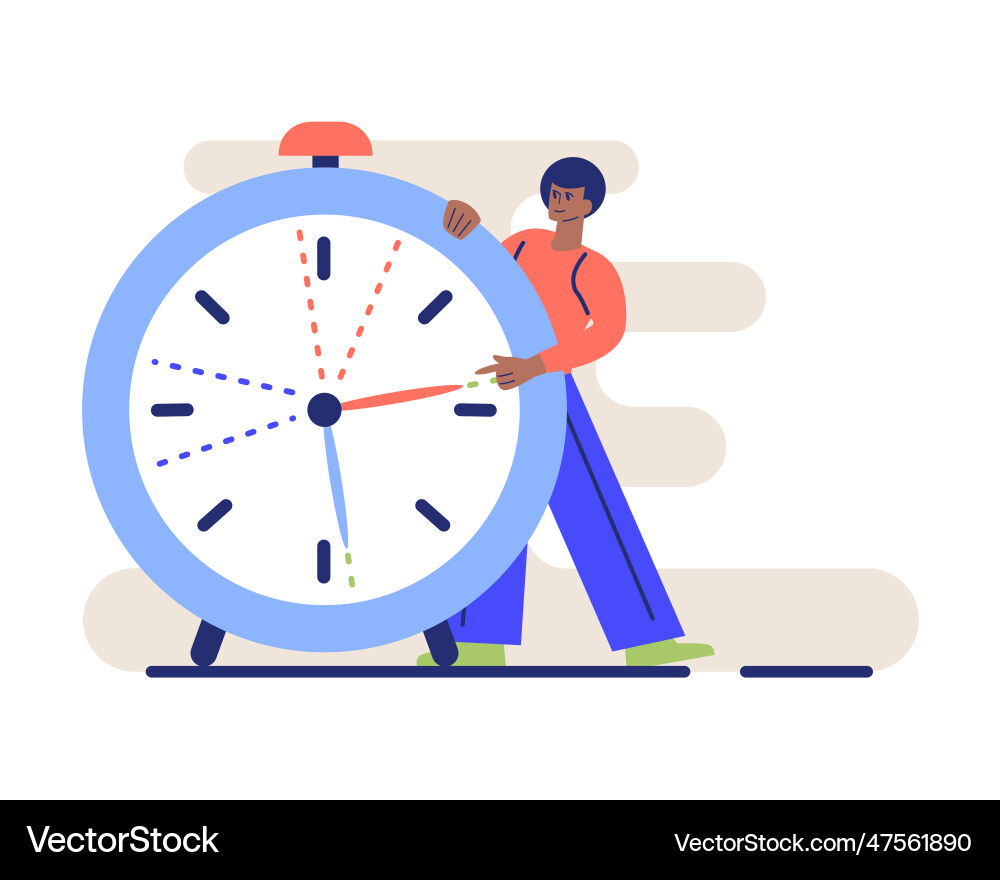 Young man standing near big clock and moving hands
