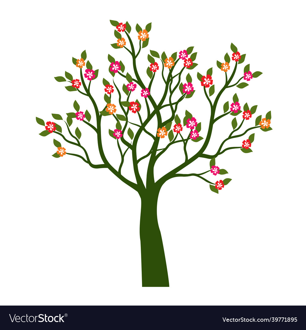 Green spring tree with leaves and flowers Vector Image