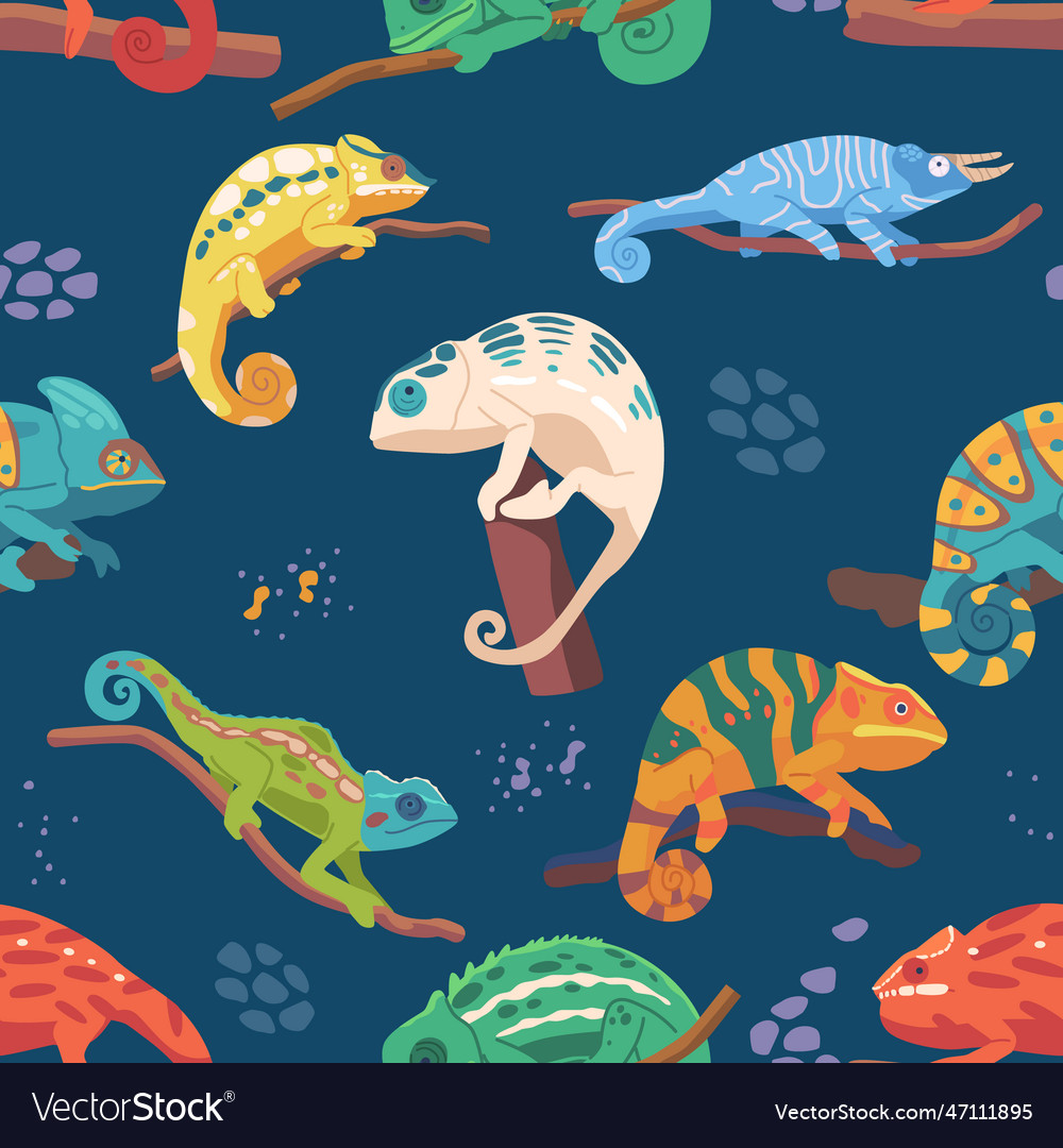 Seamless pattern of chameleons in various colors Vector Image