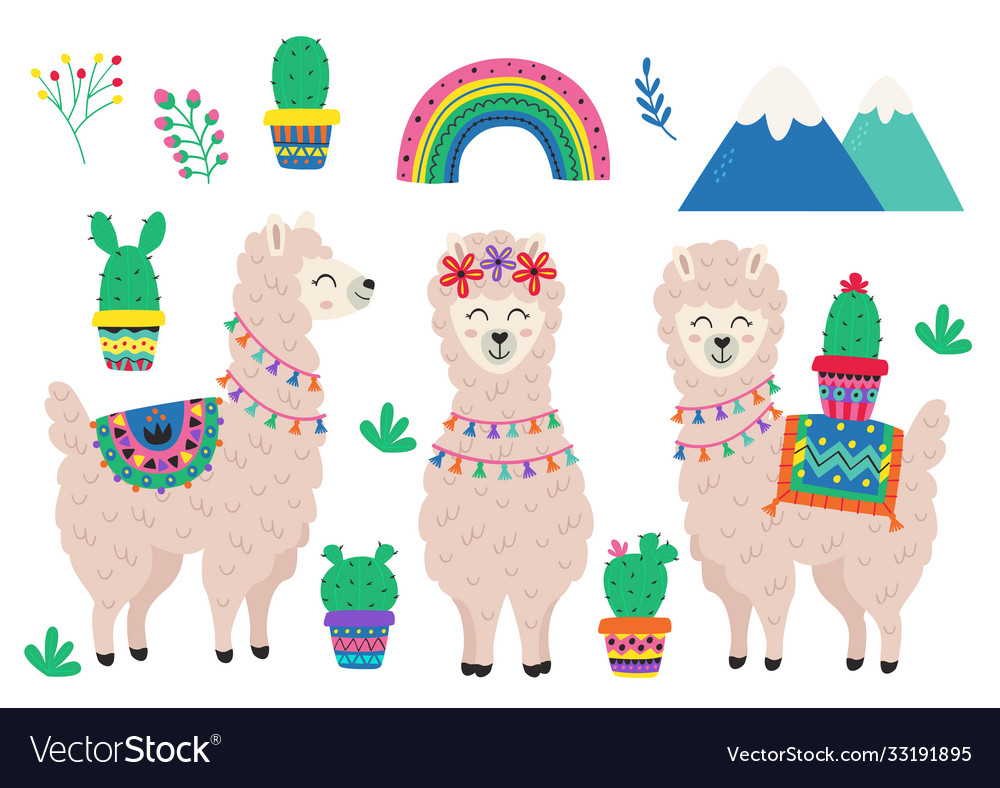 Set isolated cute llama and cactus Royalty Free Vector Image