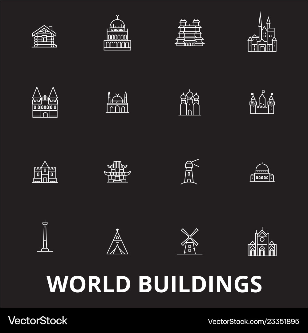 World buildings editable line icons set Royalty Free Vector