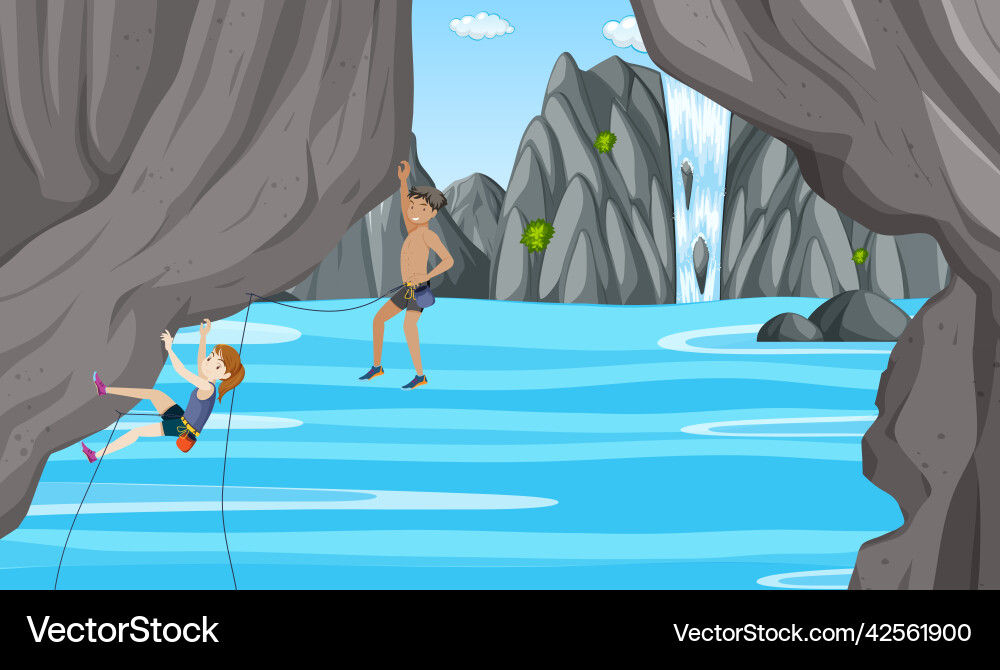Outdoor scene with rock climber on cliff Vector Image